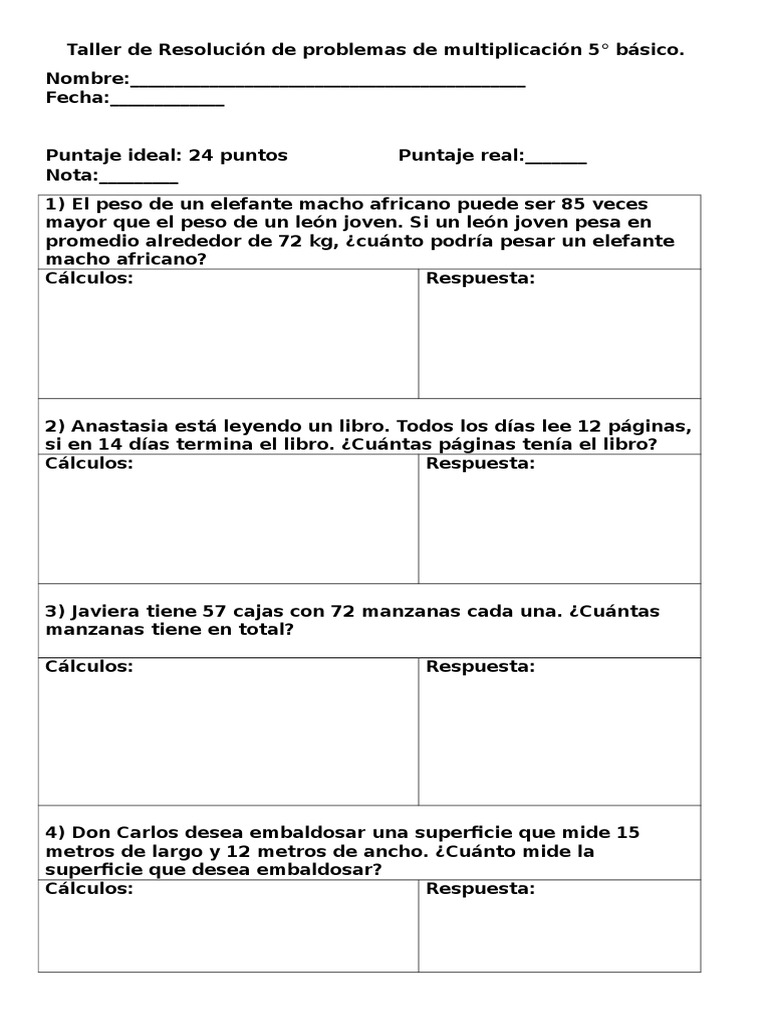 Problemas De Multiplicación Imprimibles De Quinto Grado Cuadernillo