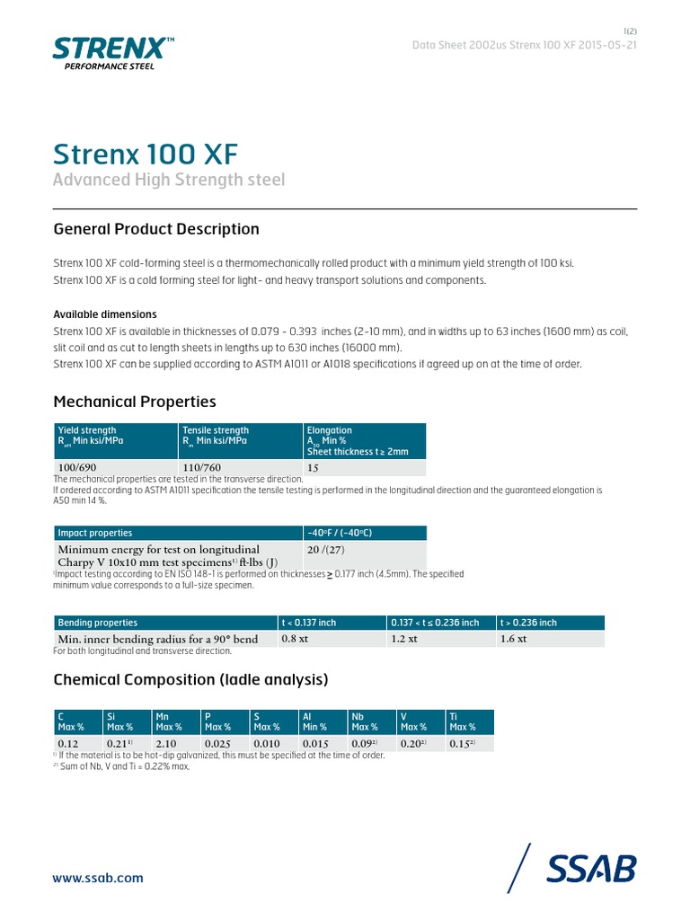 Datasheet Strenx 100 XF | Sheet Metal | Metal Fabrication