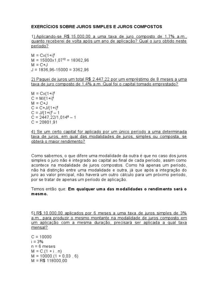 Exercícios Sobre Juros Simples e Juros Compostos | PDF | Juros | Investimentos