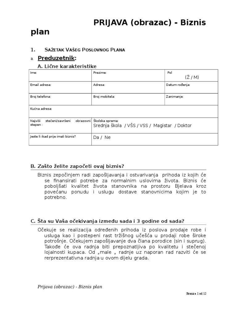 Obrazac Za Biznis Plan | PDF