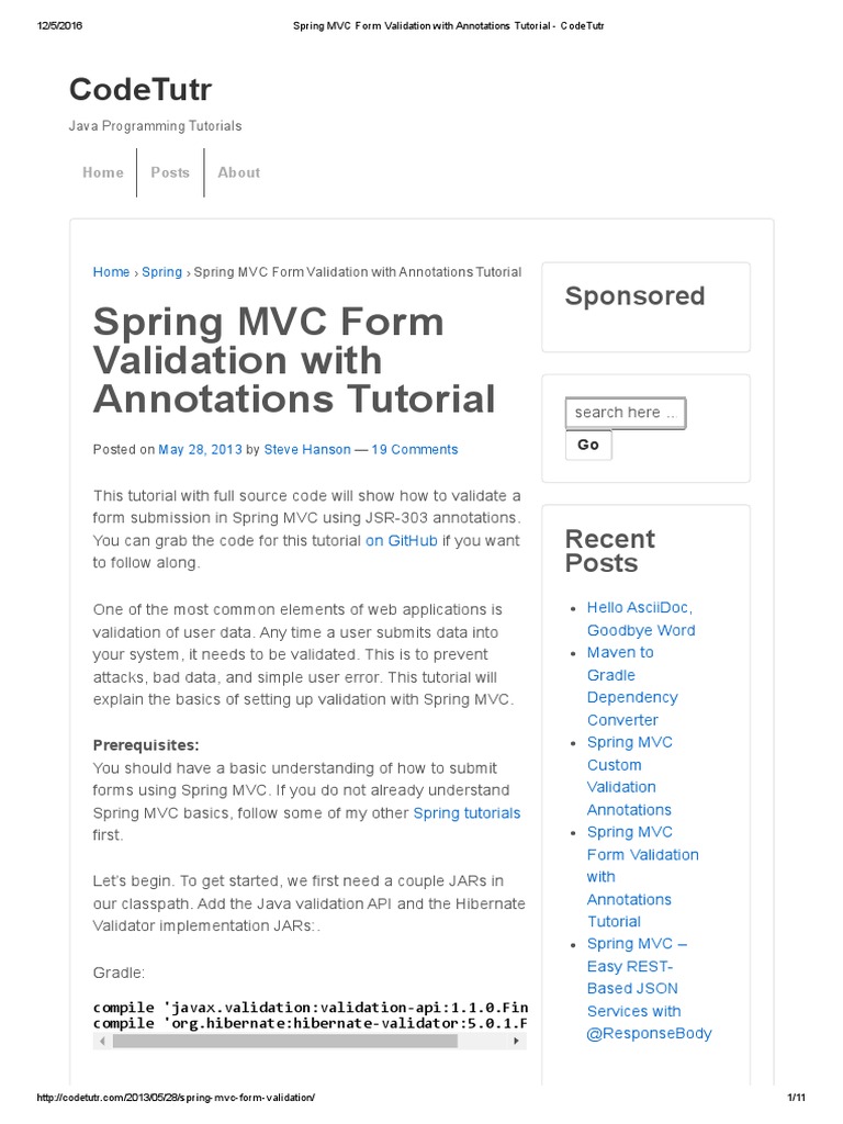 Spring MVC Form Validation With Annotations Tutorial - CodeTutr | PDF ...