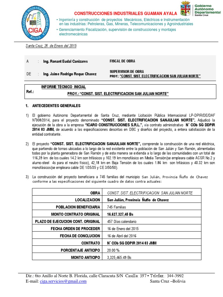 Informe Tecnico Inicial Const. Sist. Electr. San Julian Norte. VERSION 2 | PDF | Presupuesto ...