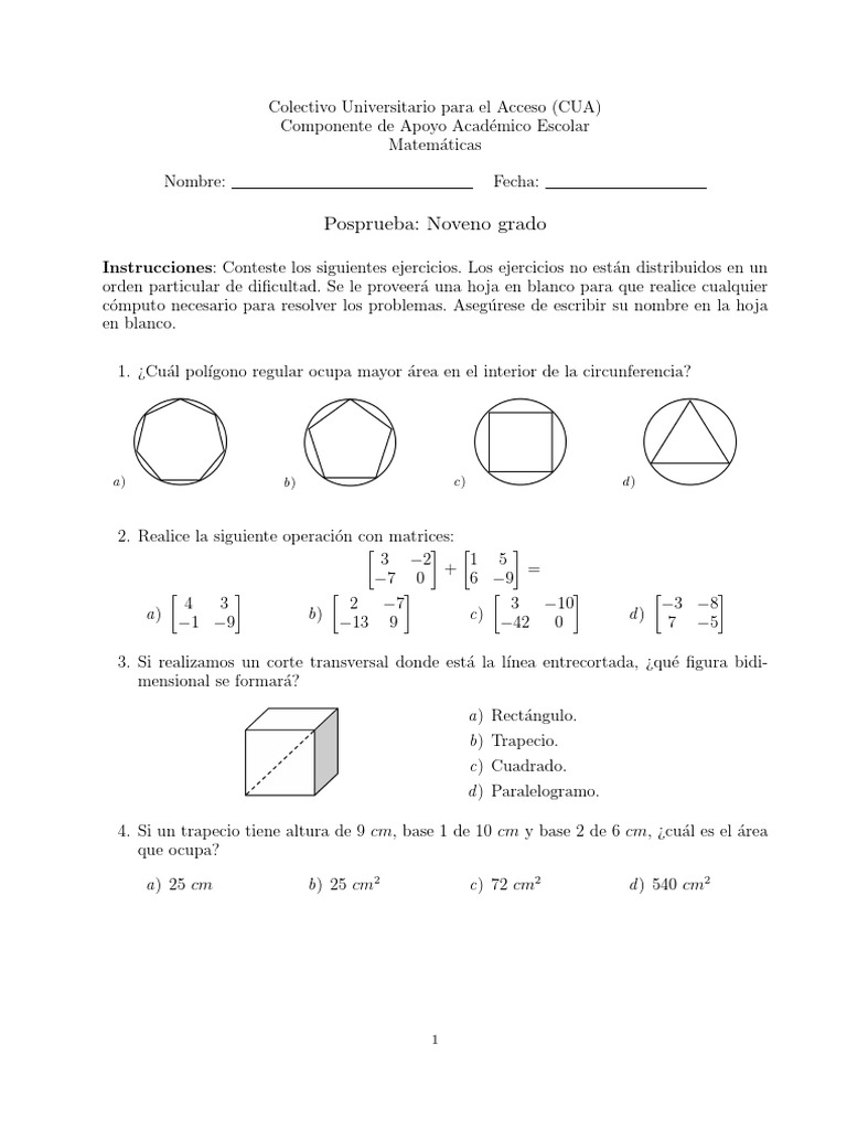 Pre y Pos Prueba-Matemáticas-9no | PDF | Objetos matemáticos ...