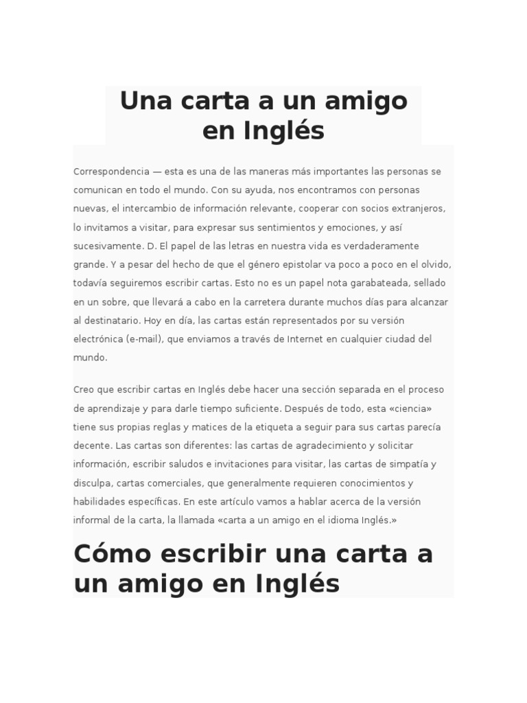 Una Carta a Un Amigo en Inglés