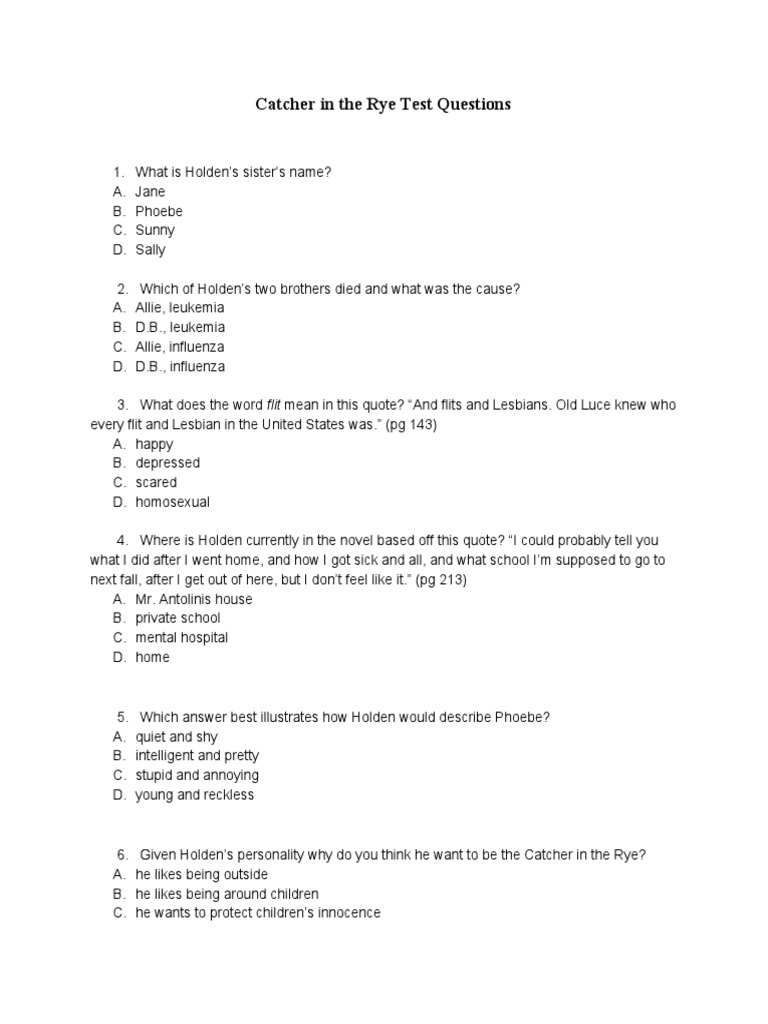 Catcher in The Rye Test Questions | PDF