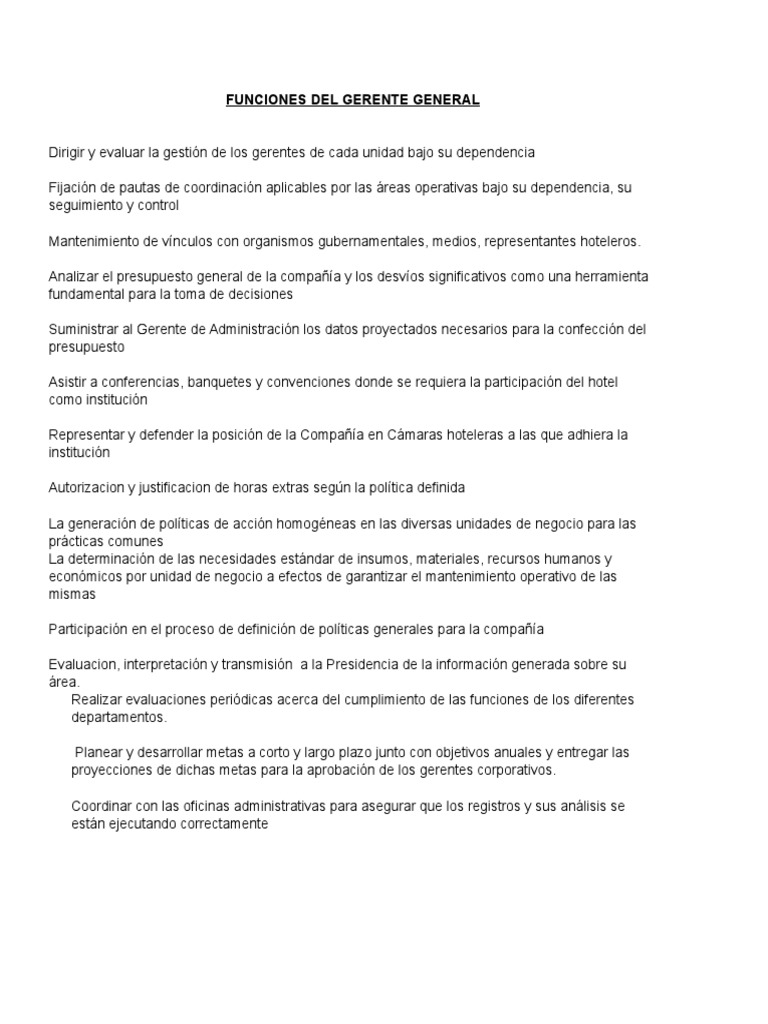 Funciones Del Gerente General | PDF | Hotel | Presupuesto