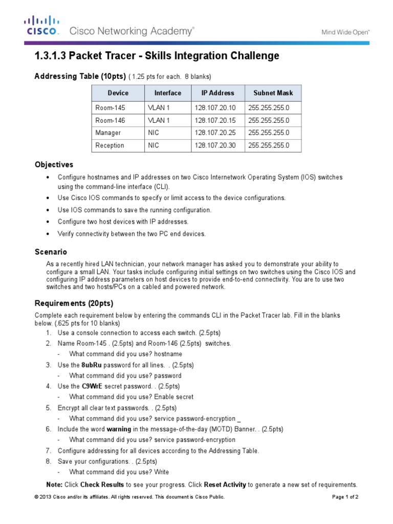 1.3.1.3 Packet Tracer - Skills Integration Challenge Instructions | PDF | Command Line Interface ...