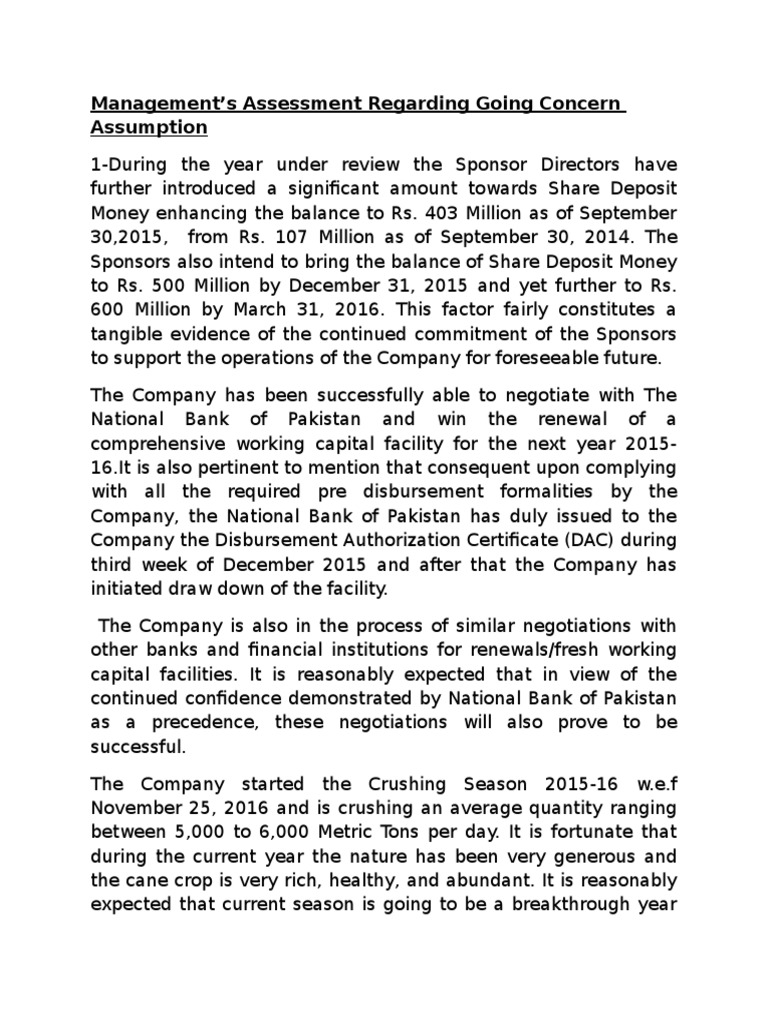 Management's Assessment Regarding Going Concern Assumption | PDF ...