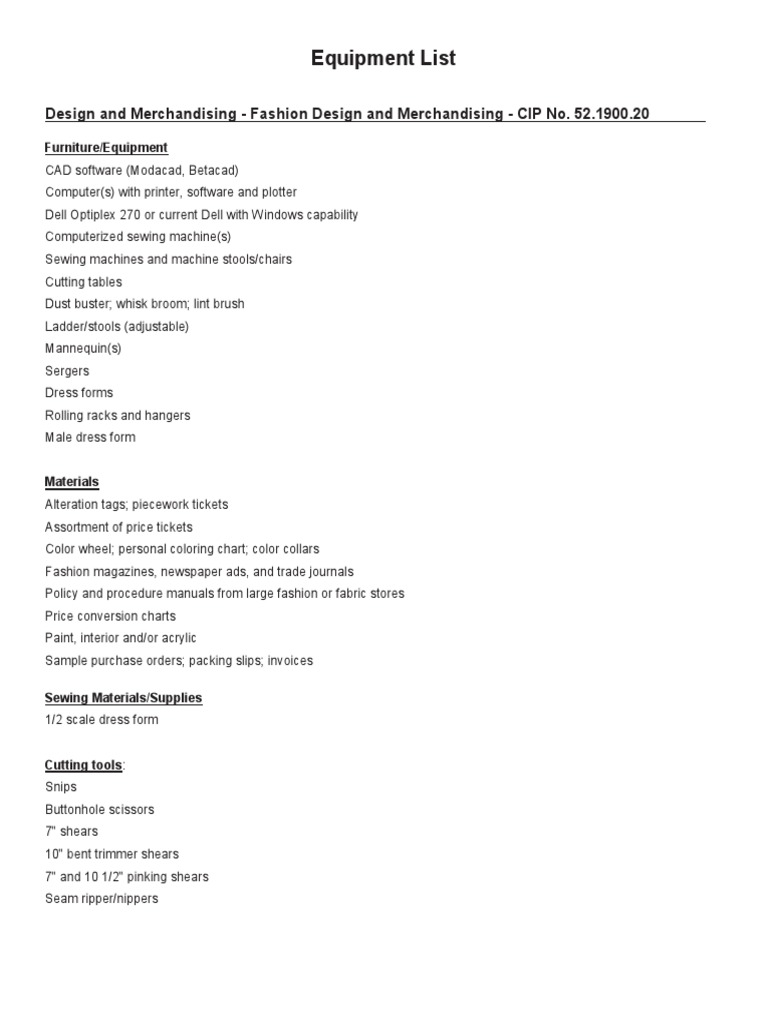 Equipment List Fashion Design and Merchandising 52190020 | PDF | Sewing ...