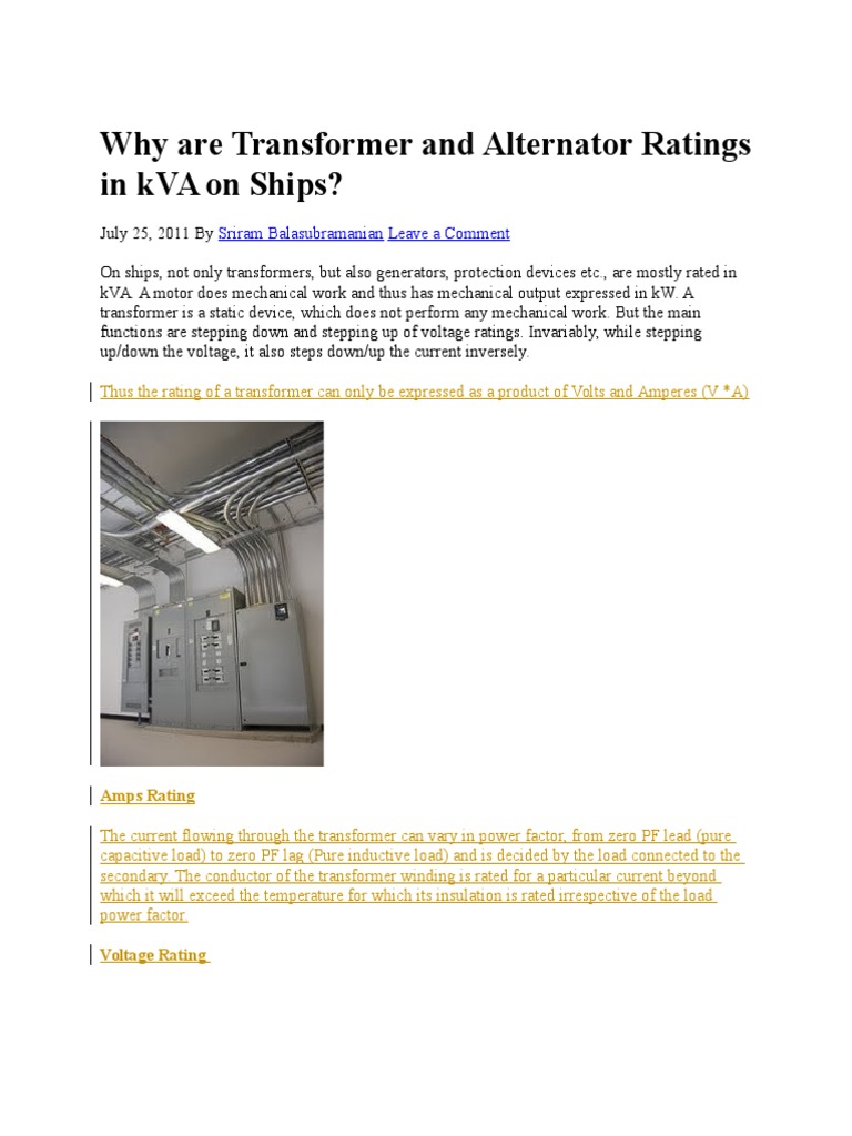 Why Are Transformer and Alternator Ratings in KVA On Ships | PDF ...