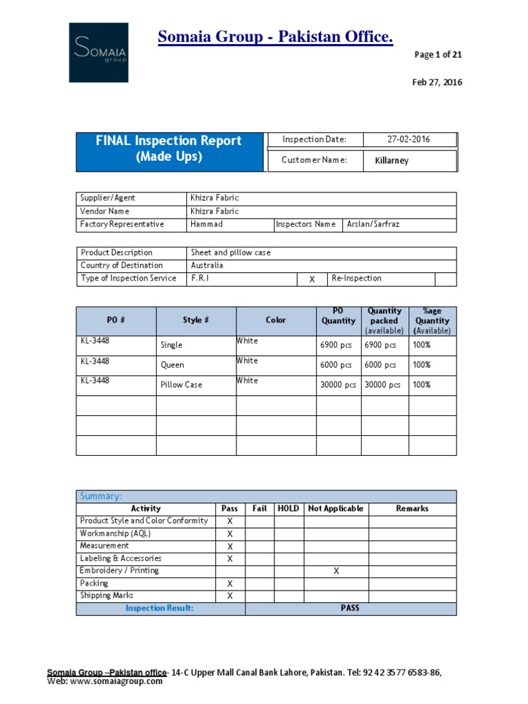 Final Inspection Report for Garments | PDF