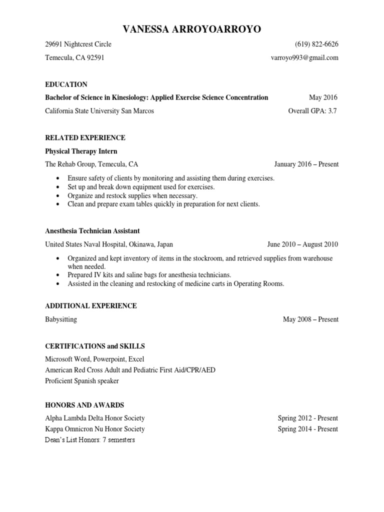 Vanessa Arroyo's Kinesiology Resume | PDF | Self-Improvement