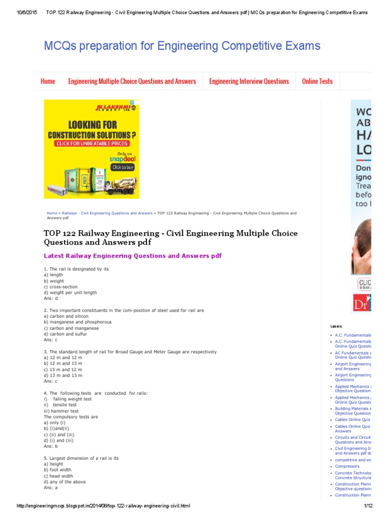 TOP 122 Railway Engineering - Civil Engineering Multiple Choice ...