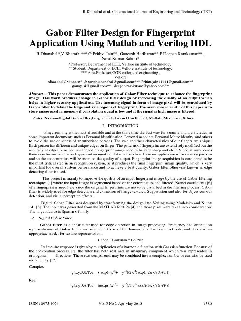 Gabor Filter Design For Fingerprint Application Using Matlab And Verilog Hdl Pdf Signal