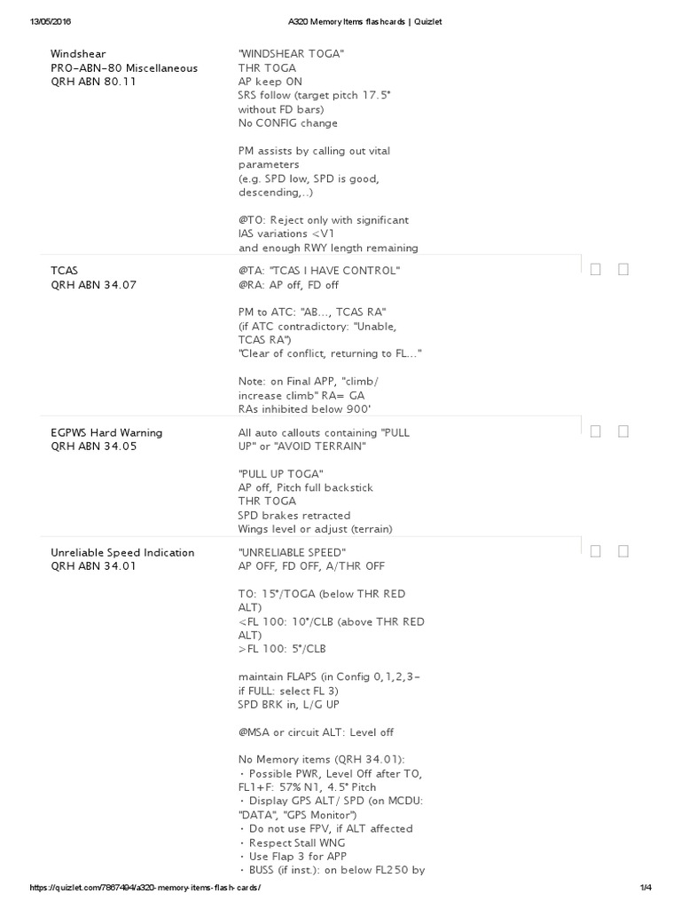 A320 Memory Items Flashcards - Quizlet | PDF | Stall (Fluid Mechanics ...