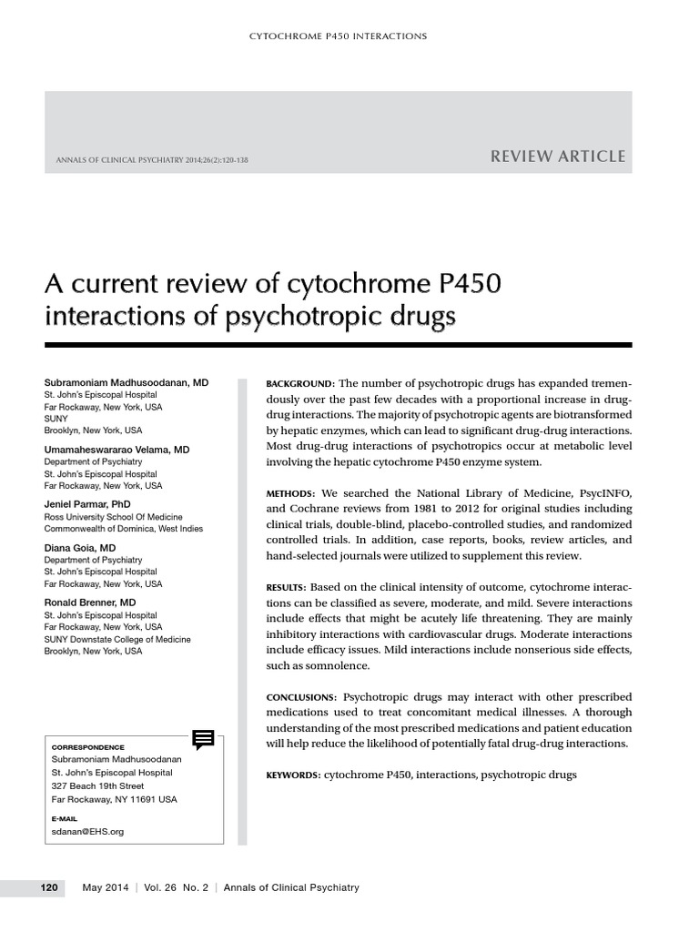 A Current Review of Cytochrome P450 Interactions of Psychotropic Drugs | PDF | Cytochrome P450 ...