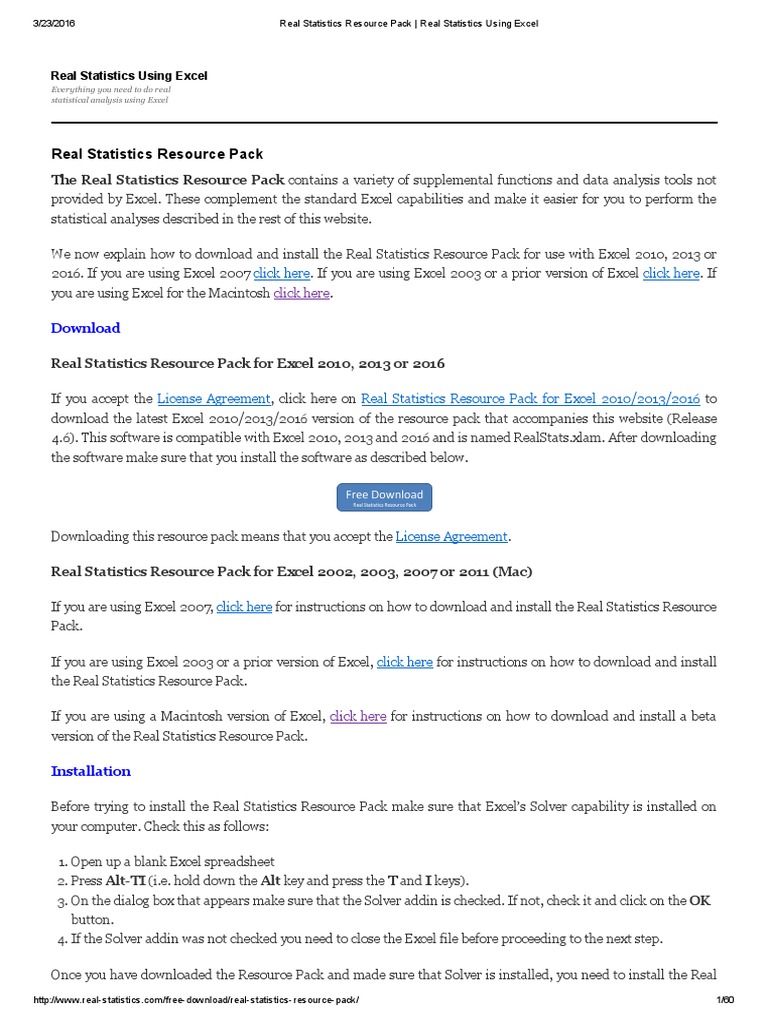 Real Statistics Resource Pack Real Statistics Using Excel Pdf