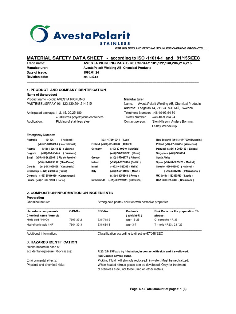MSDS AvestaPolarit Avesta Pickling Paste-Gel-Spray 101 122 130 204 214 ...