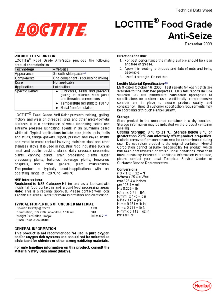 Loctite Food Grade Anti-Seize Tds | PDF | Stainless Steel | Trademark