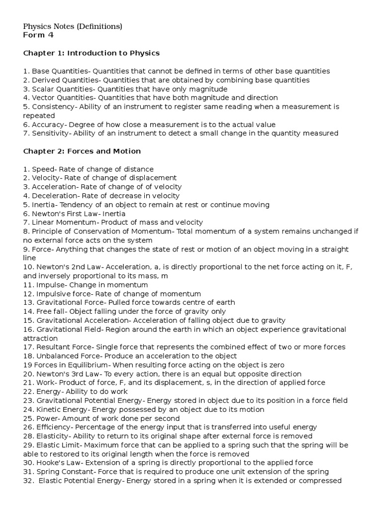 Form 4: Physics Notes (Definitions) | PDF | Acceleration | Force
