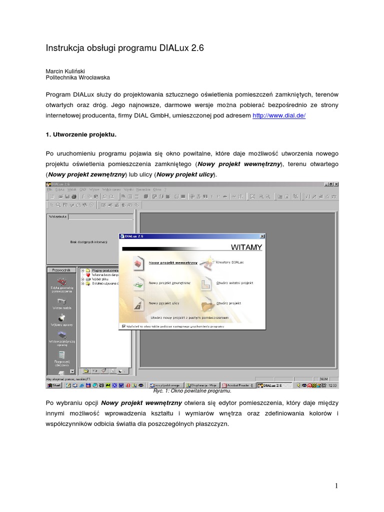Instrukcja Obsługi Programu Dialux 2.6: 1. Utworzenie Projektu | PDF