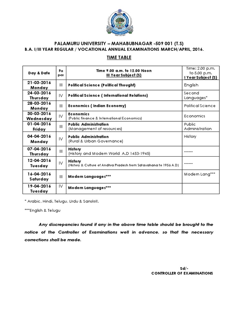 UG Annual Examination Time Table March 2016 | PDF | Accounting | Teaching Mathematics