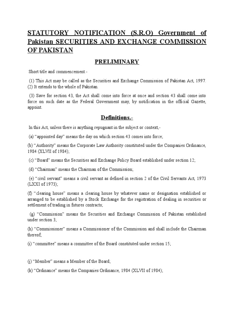 Statutory Notification (S.R.O) Government of Pakistan Securities and ...