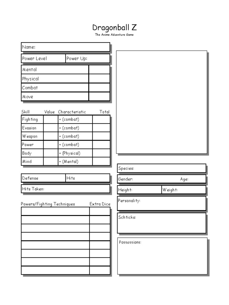 Dragon Ball Z Character Sheet Template | PDF