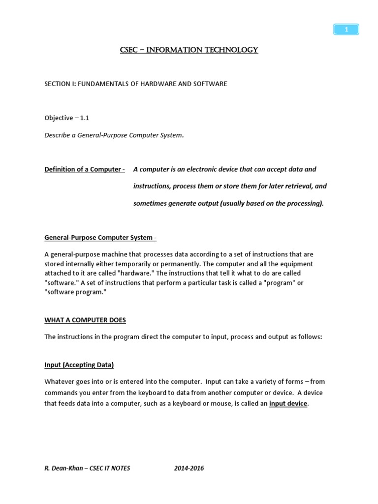 CSEC Information Technology Notes Objective - 1.1 | PDF | Computer Data ...