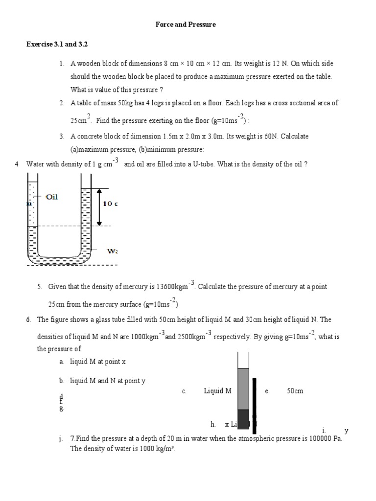 Force and Pressure Exercises | PDF | Teaching Methods & Materials
