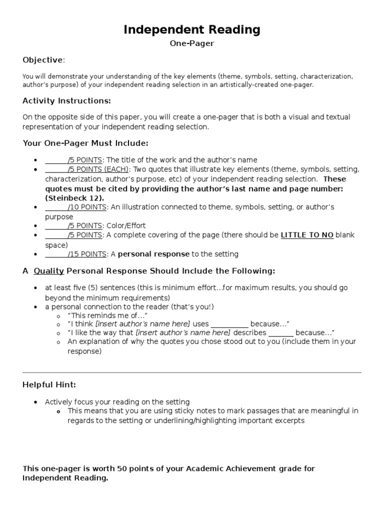 Create a One-Pager for Independent Reading | PDF