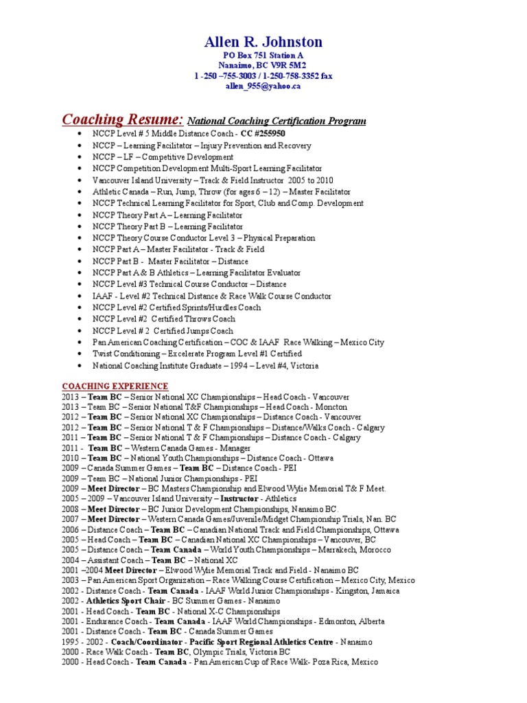 Coaching Resume of Allen R. Johnston | PDF | Track And Field | Victoria ...