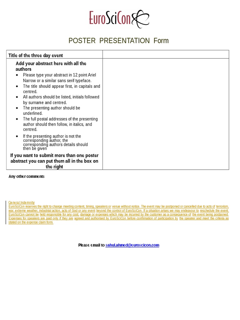 Poster Presentation Form: Title of The Three Day Event Add Your ...
