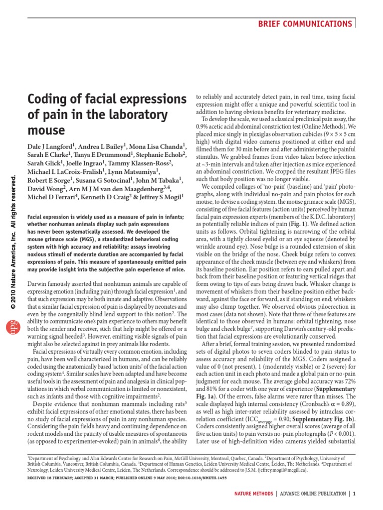 Coding of Facial Expressions of Pain in The Laboratory Mouse | PDF ...
