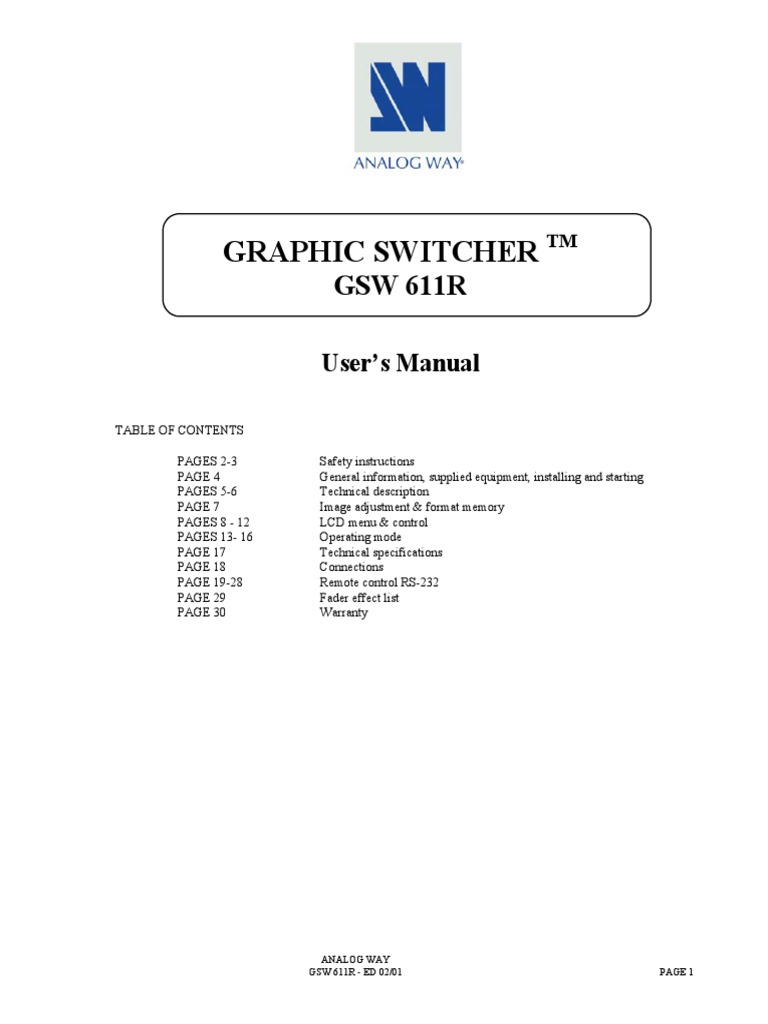 GRAPHIC SWITCHER GSW 611-R - ANALOG WAY - User Manual | PDF | Computer Monitor | Menu (Computing)