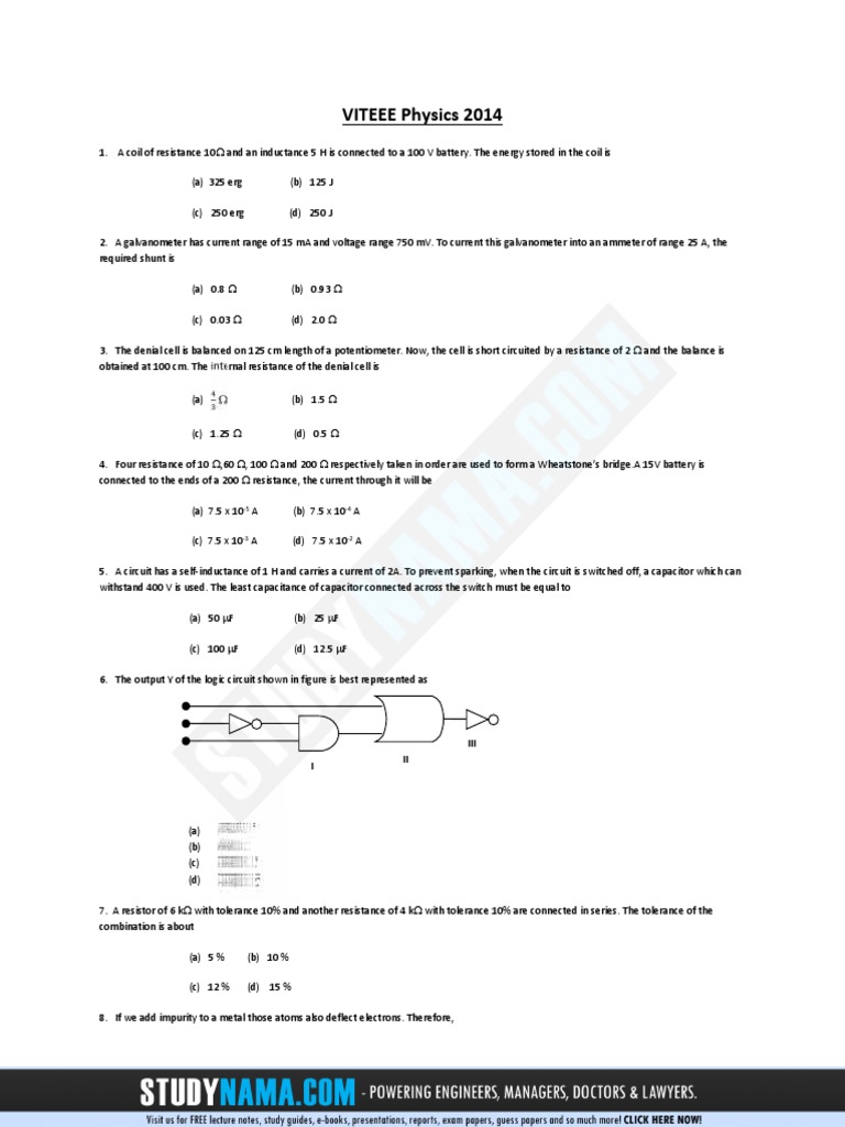VITEEE 2014 Solved Question Paper PDF | Download Free PDF | Electric ...