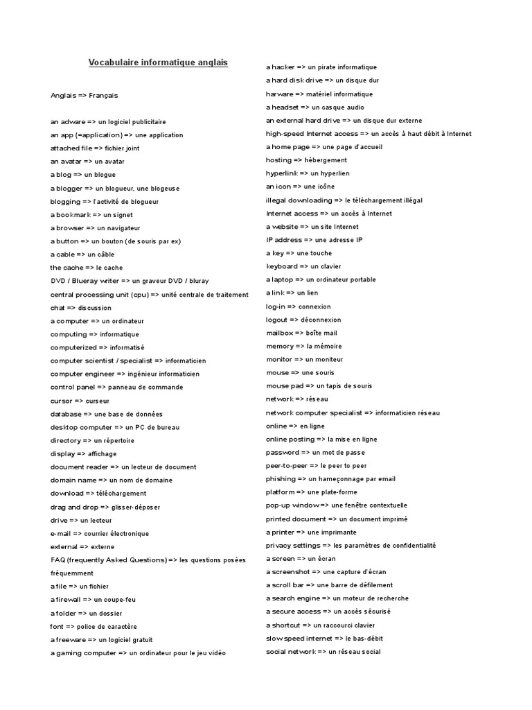 Vocabulaire Informatique Anglais | PDF | Capture d'écran | Informatique