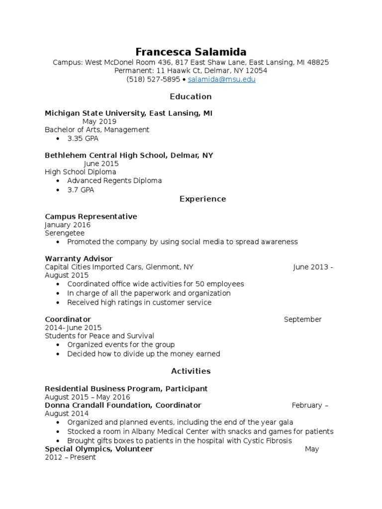 Francesca Salamida Resume Overview | PDF