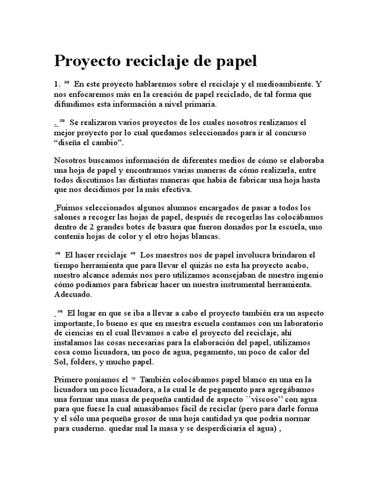 Proyecto Reciclaje de Papel | PDF | Papel | Reciclaje