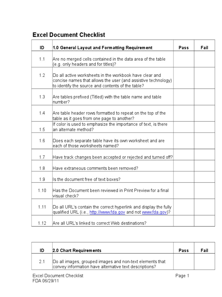 Excel Document Checklist: ID 1.0 General Layout and Formatting ...