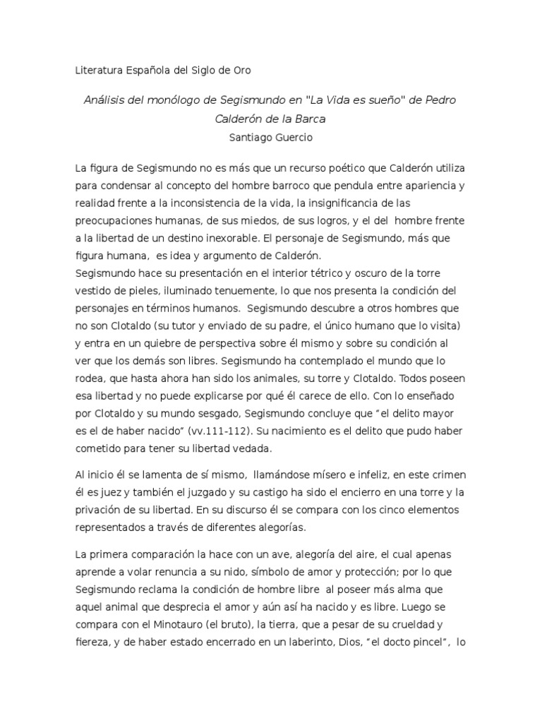 Análisis del monólogo de Segismundo en La Vida es sueño | PDF | Science ...