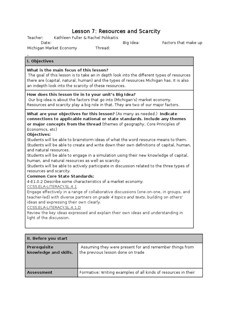 Lesson 7: Resources and Scarcity: Ccss - Ela-Literacy - Sl.4.1 | PDF ...