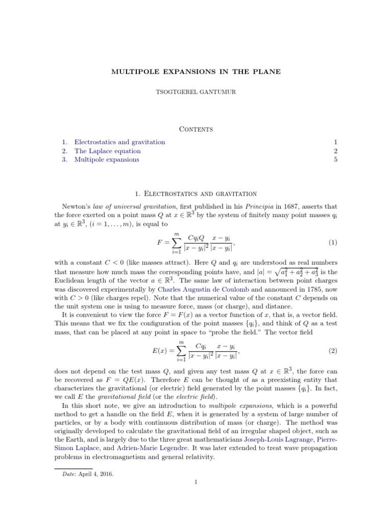 Multipole Expansions in Two Dimensions | PDF | Dipole | Force