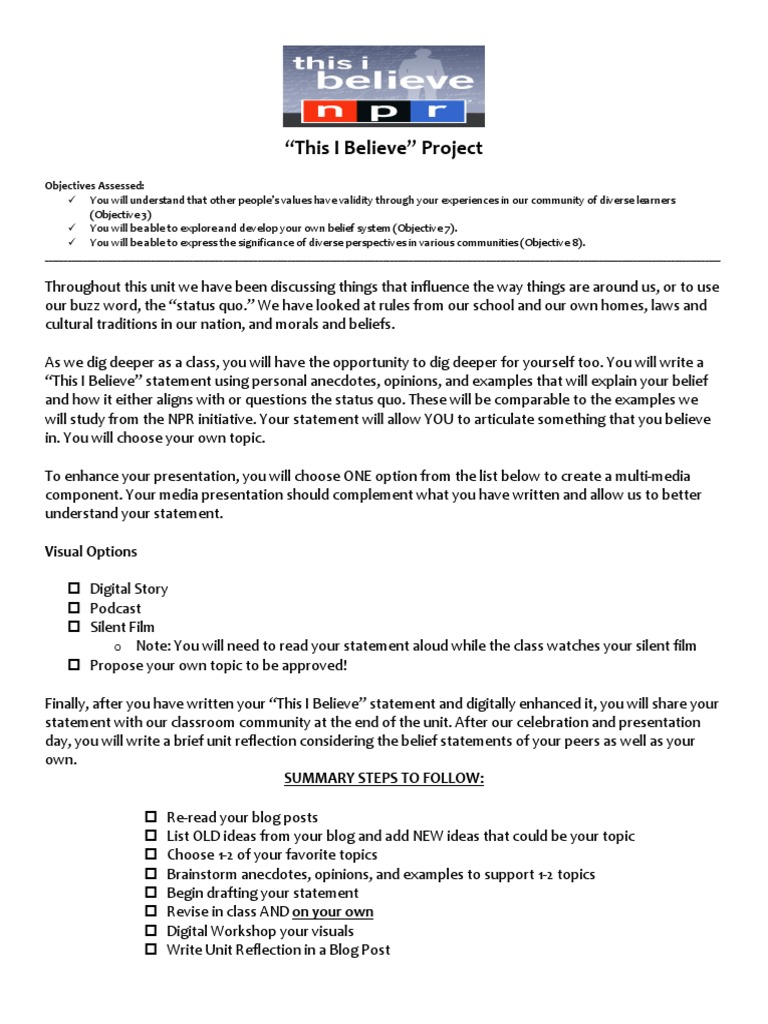 "This I Believe Project Overview" | PDF | Educational Psychology ...