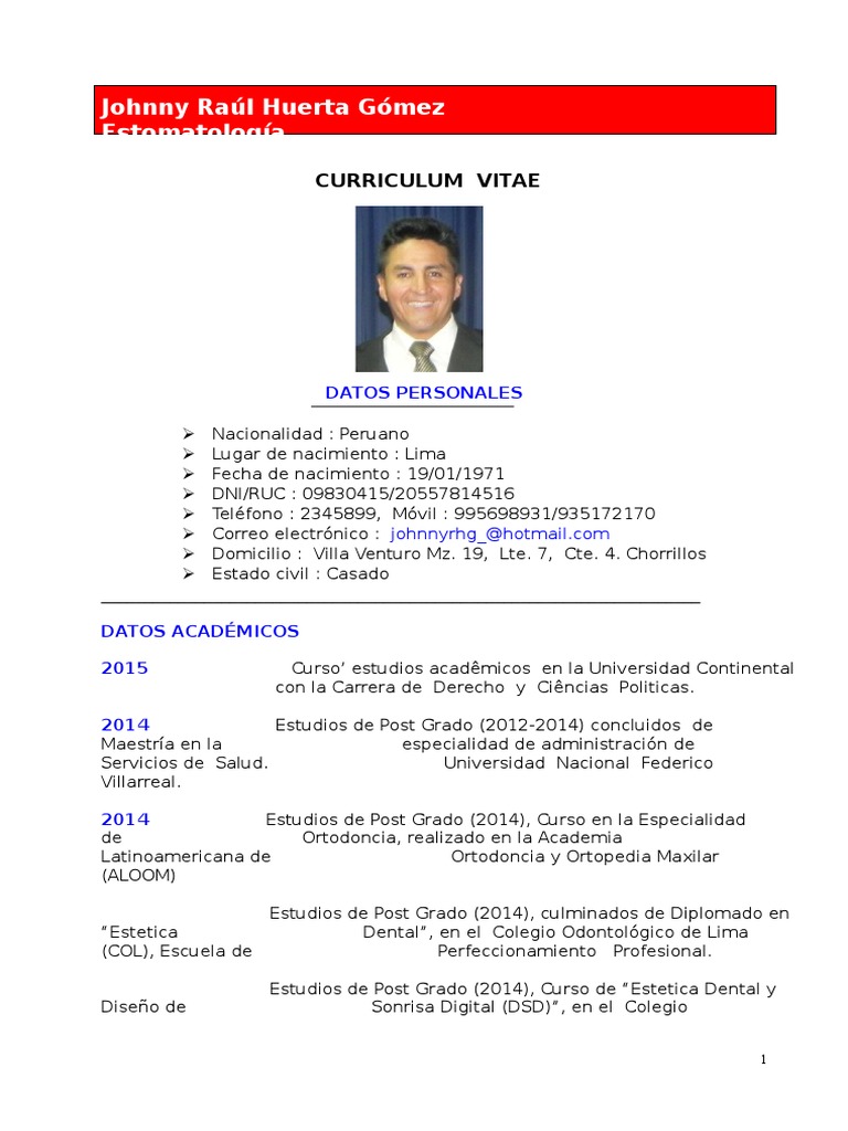 Curriculum de Johnny Huerta | PDF | Odontología | Cuidado de la salud