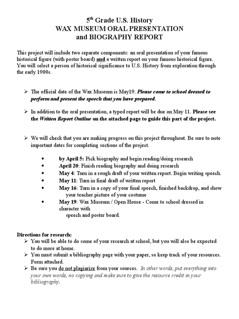 5th Grade Wax Museum Project Guide | PDF