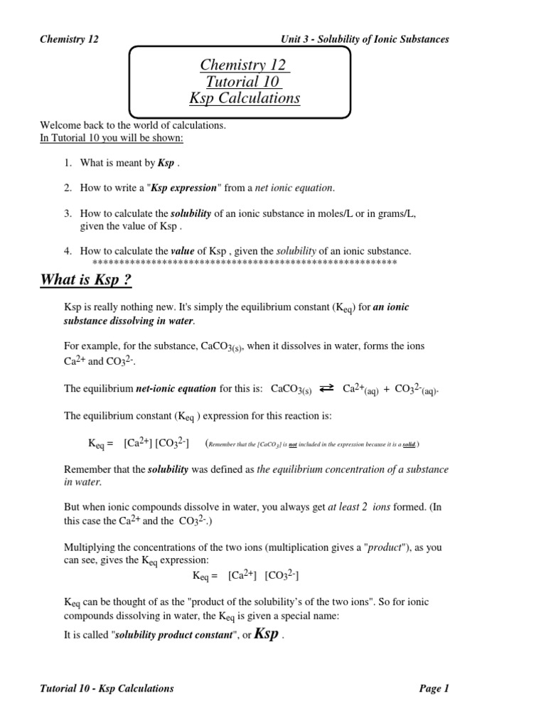 Chemistry 12 Tutorial 10 KSP Calculations | PDF | Solubility | Mole (Unit)