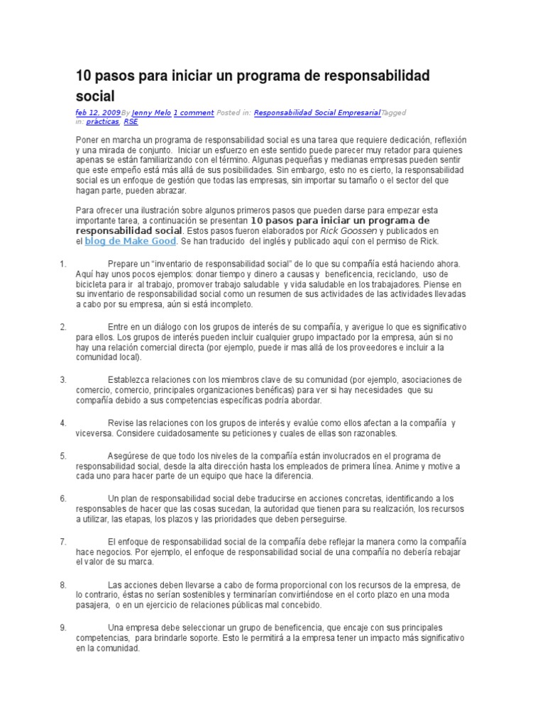 10 Pasos para Iniciar Un Programa de Responsabilidad Social | PDF ...