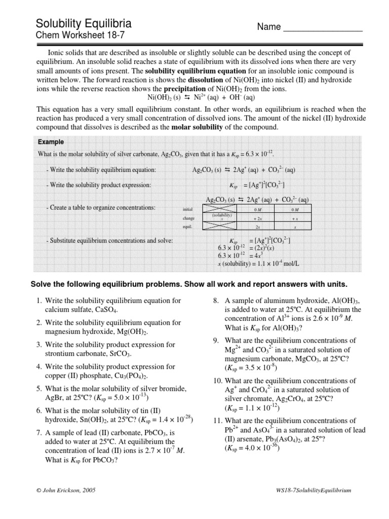 Solubility Equilibria: Name - Chem Worksheet 18-7 | PDF