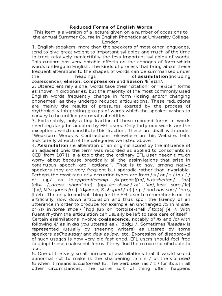 Reduced Forms of English Words | PDF | English Language | Syllable